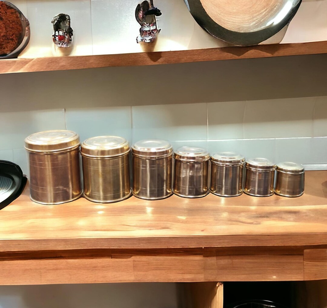 Set of 7 Original Antique Pure Brass Cylindrical Storage Container With ...