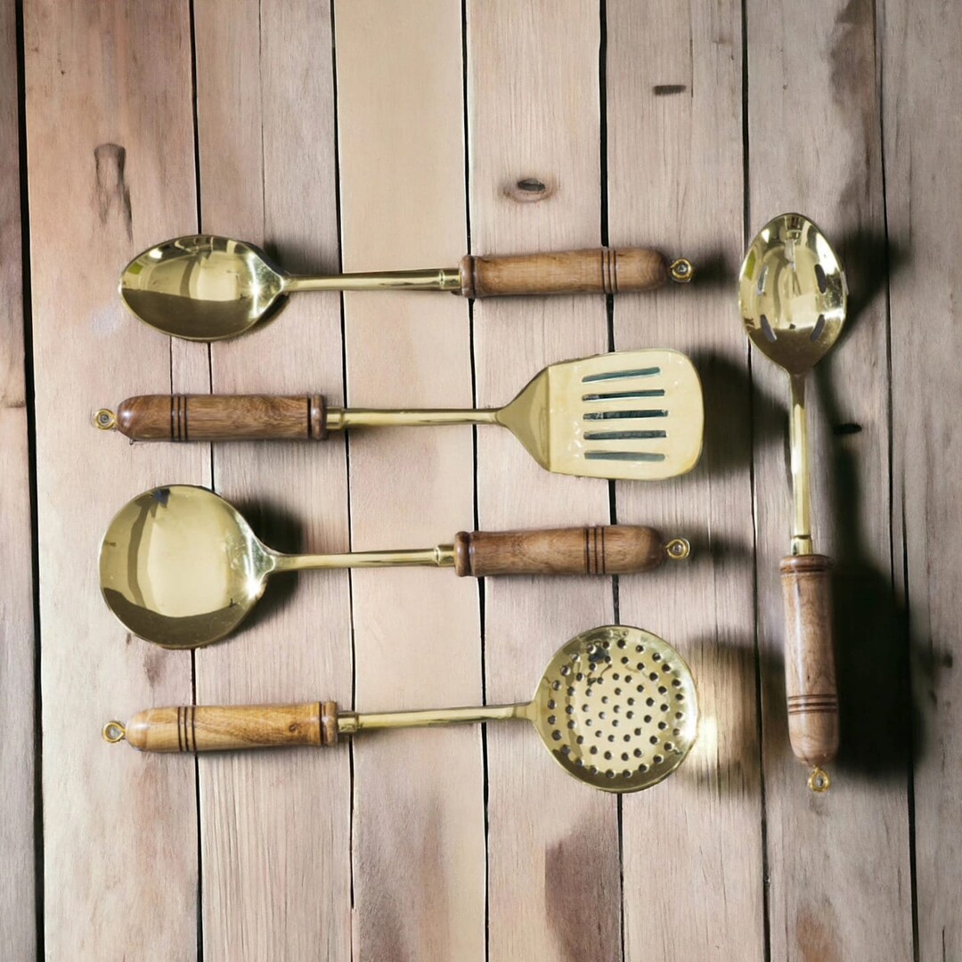 Set of 5 100% Pure Brass Serving Spoons Traditionally Known as "ladles ...