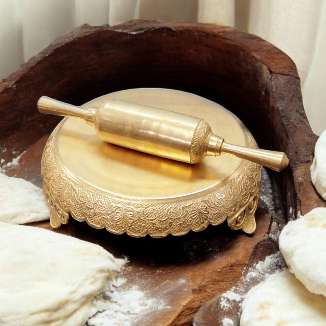 100% Pure Brass Vintage Chapati Maker Board and Rolling Pin | Antique ...