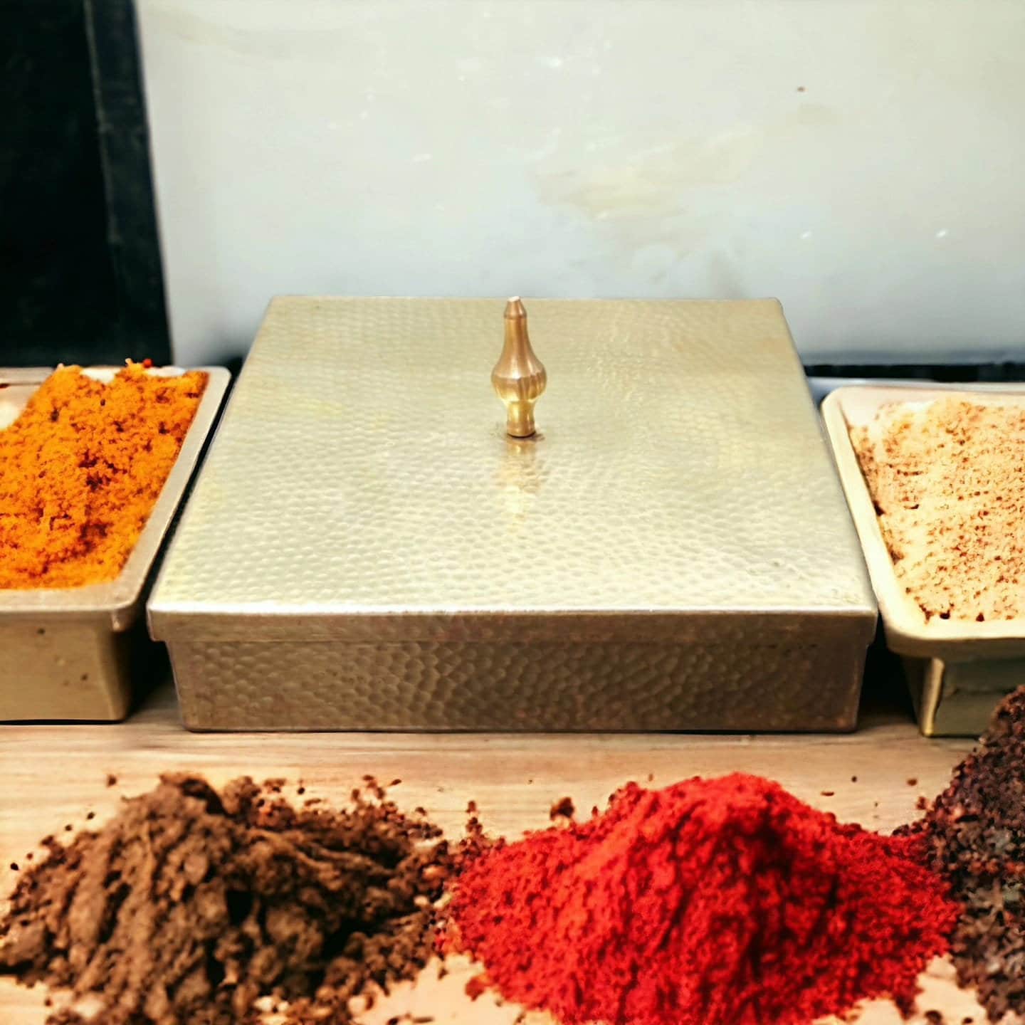 Pure Brass Square Spice Box With 9 Containers & Spoon for Kitchen Use ...