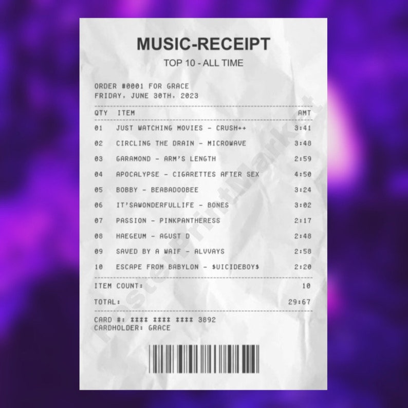 Custom Aesthetic Receipt Poster Top 10 Songs Receiptify Style Poster ...