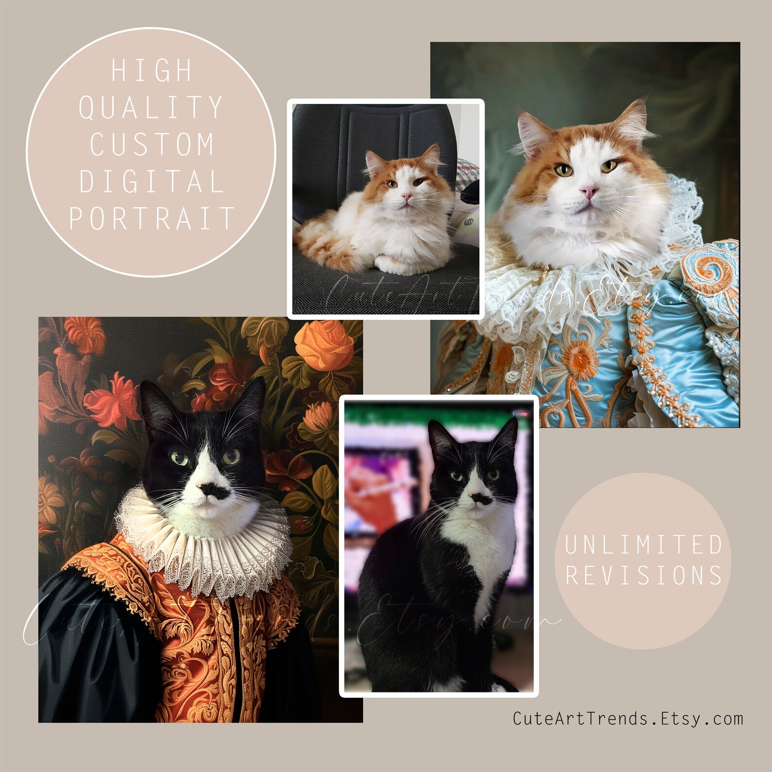 Cat Portrait Digital Download, Custom Personalized Pet Portrait, Renaissance, Elegant Outfits ...