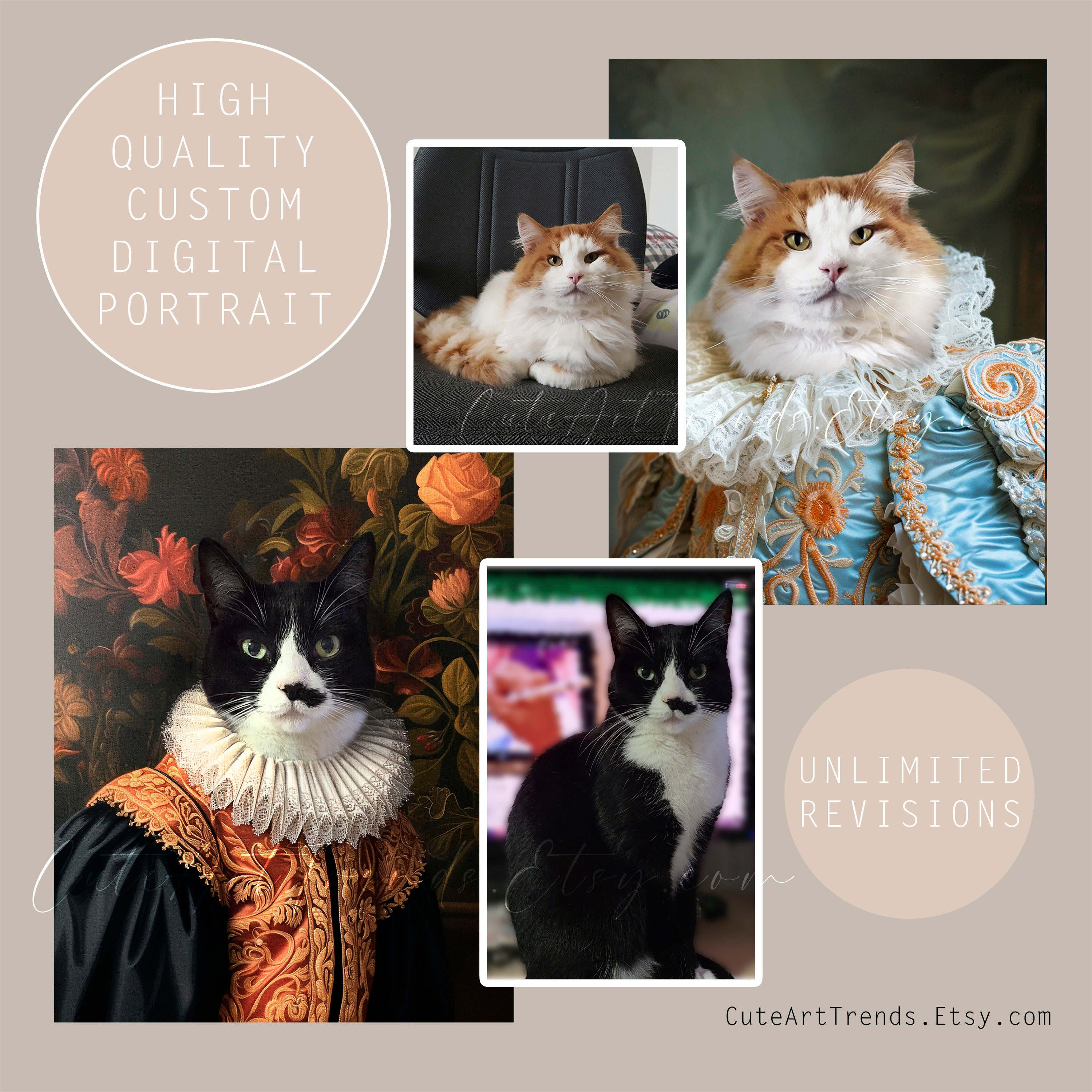 Cat Portrait Digital Download, Custom Personalized Pet Portrait, Renaissance, Elegant Outfits ...
