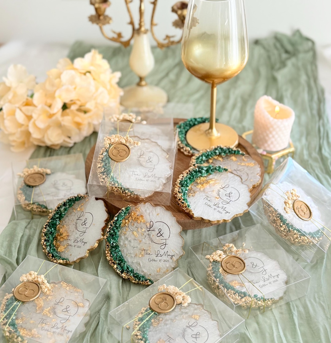 Personalized Wedding Emerald Green Resin Coasters Favors - Etsy