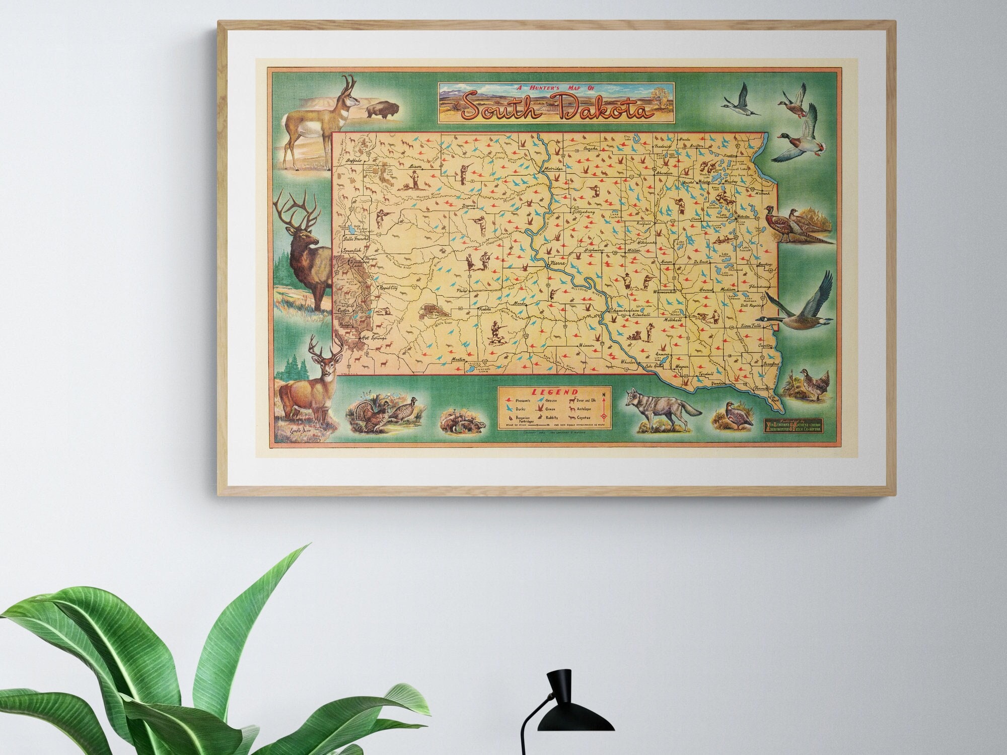 A Hunters Map of South Dakota Vintage Map 1946 USA Hunting Americana ...
