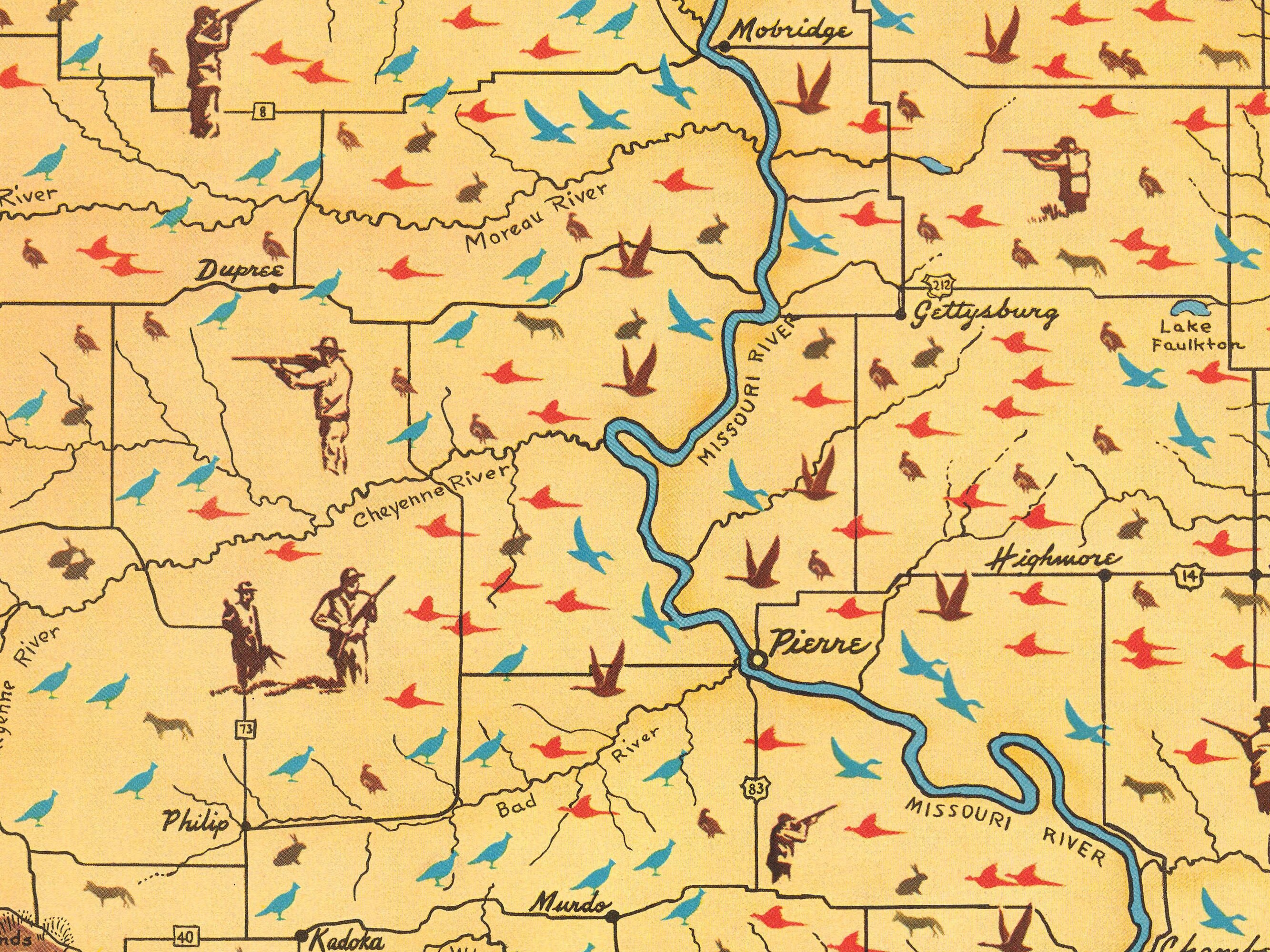 A Hunters Map of South Dakota Vintage Map 1946 USA Hunting Americana ...