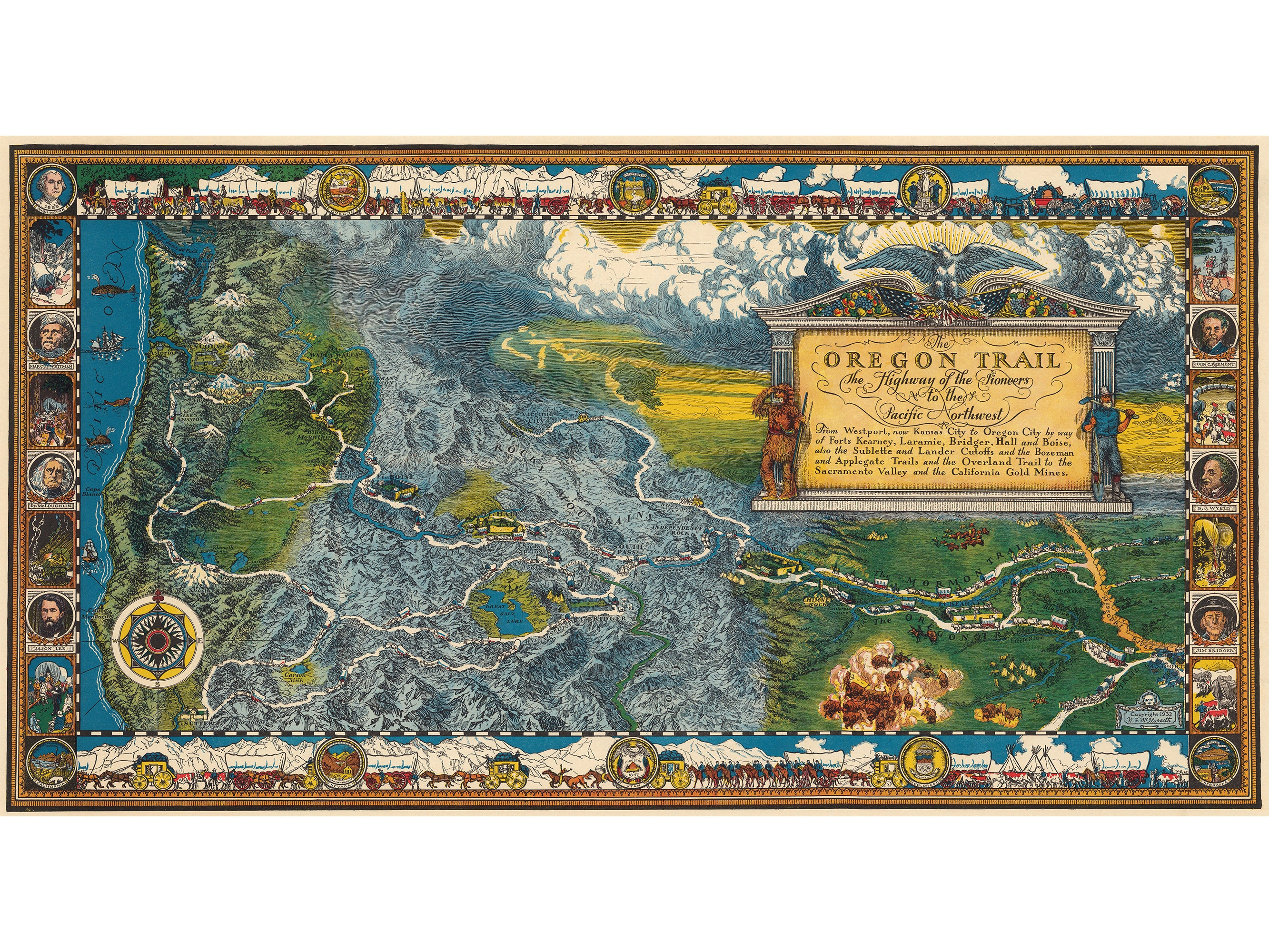Vintage Illustrated Map of the Oregon Trail 1932 Pioneer Highway ...