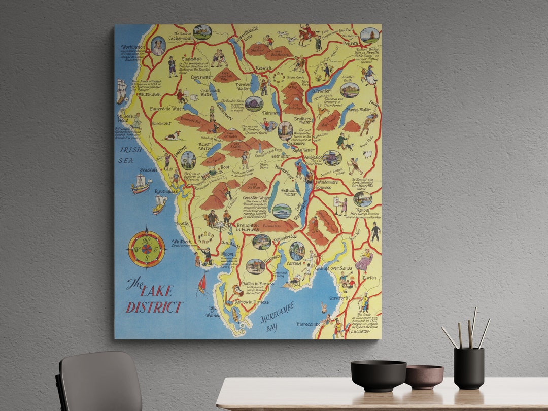 Retro Illustrated Lake District Map 1955 Old English Tourist Map ...