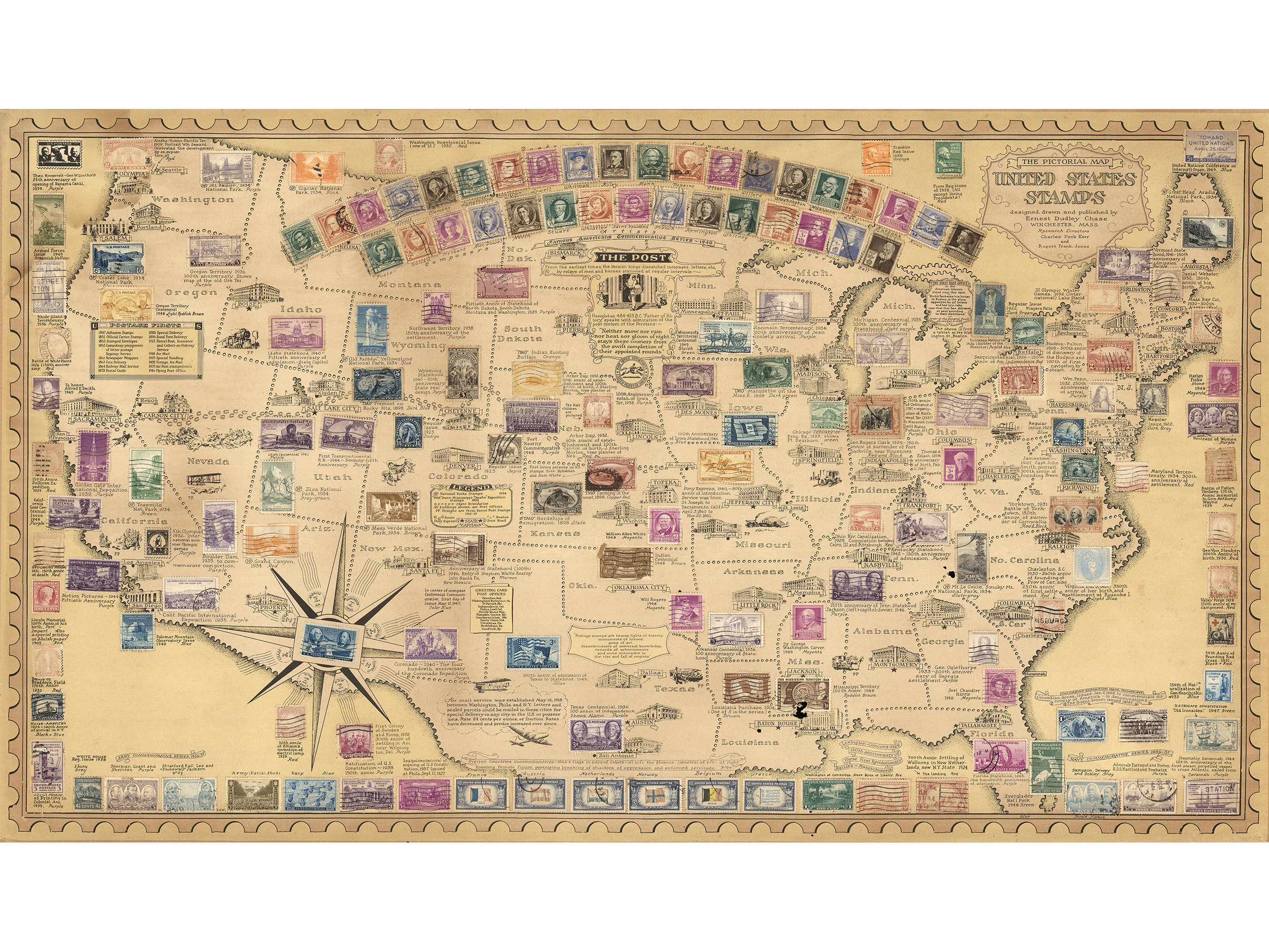 The Pictorial Map of United States Stamps 1949 Vintage Philately Stamp ...