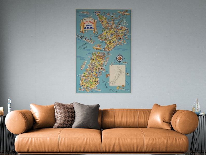 Vintage New Zealand Map Print 1938: Retro Aotearoa Pictorial Art - Etsy