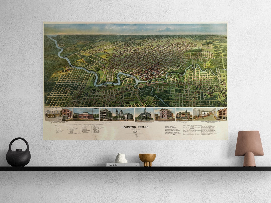 Vintage Houston Map 1891 Birds Eye View Old Texas Map Illustrated ...