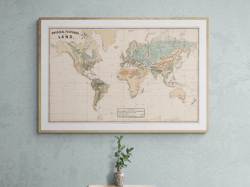 Retro World Map Physical Features OF the Land 1862 Old Map - Etsy Australia