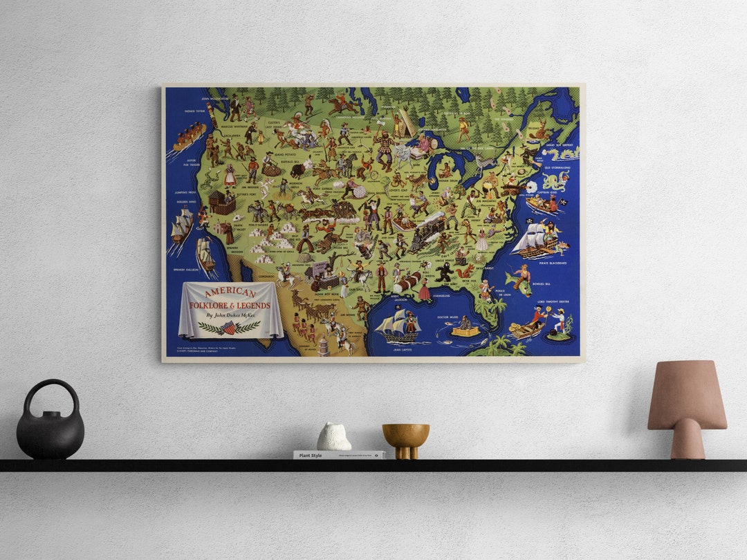 Vintage Map American Folklore and Legends USA History Illustrated Local ...