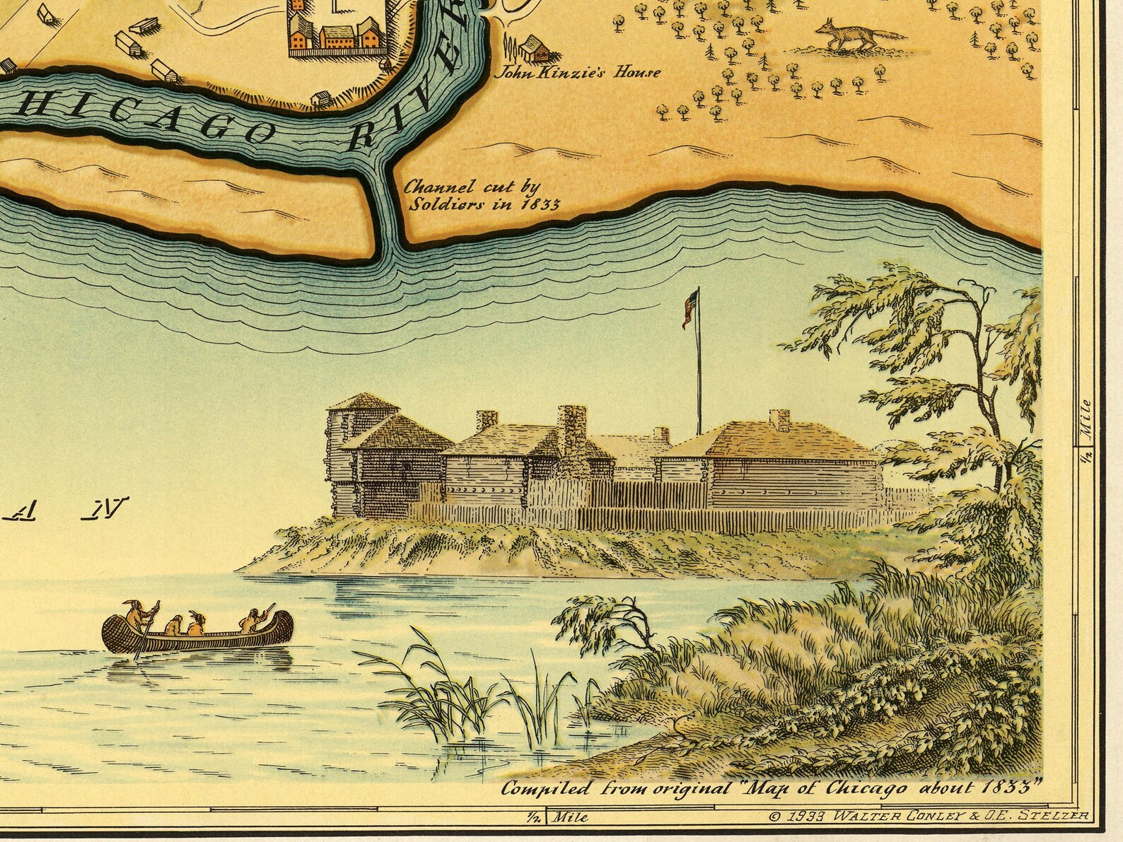 Vintage Pictorial Map of Chicago 1833 Illustrated American History Lake ...