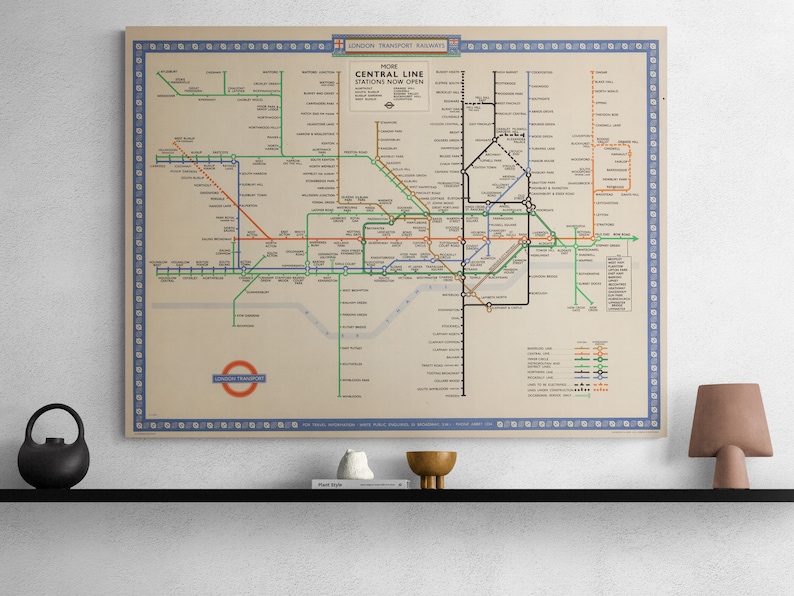 Vintage London Underground Map 1947 Central Line More Stations Now Open ...
