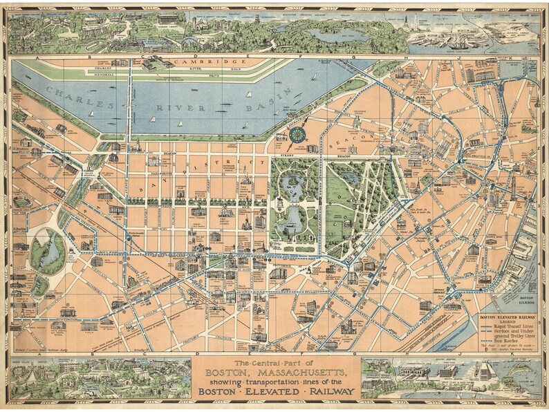 Vintage Boston Map 1930 Central Elevated Railway American Transport ...
