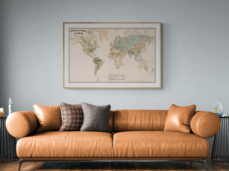 Retro World Map Physical Features OF the Land 1862 Old Map - Etsy Australia