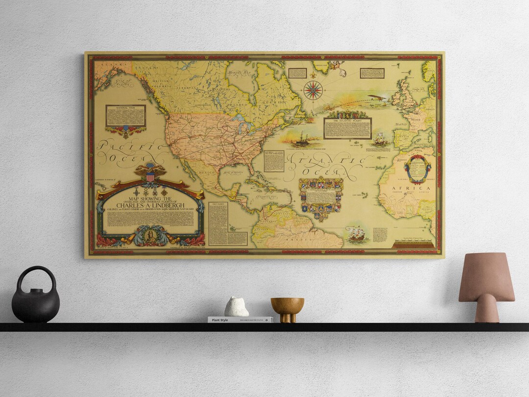 Vintage 1928 Map Showing the Overland and Overseas Flights of Charles A ...