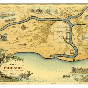 Vintage Pictorial Map of Chicago 1833 Illustrated American History Lake ...