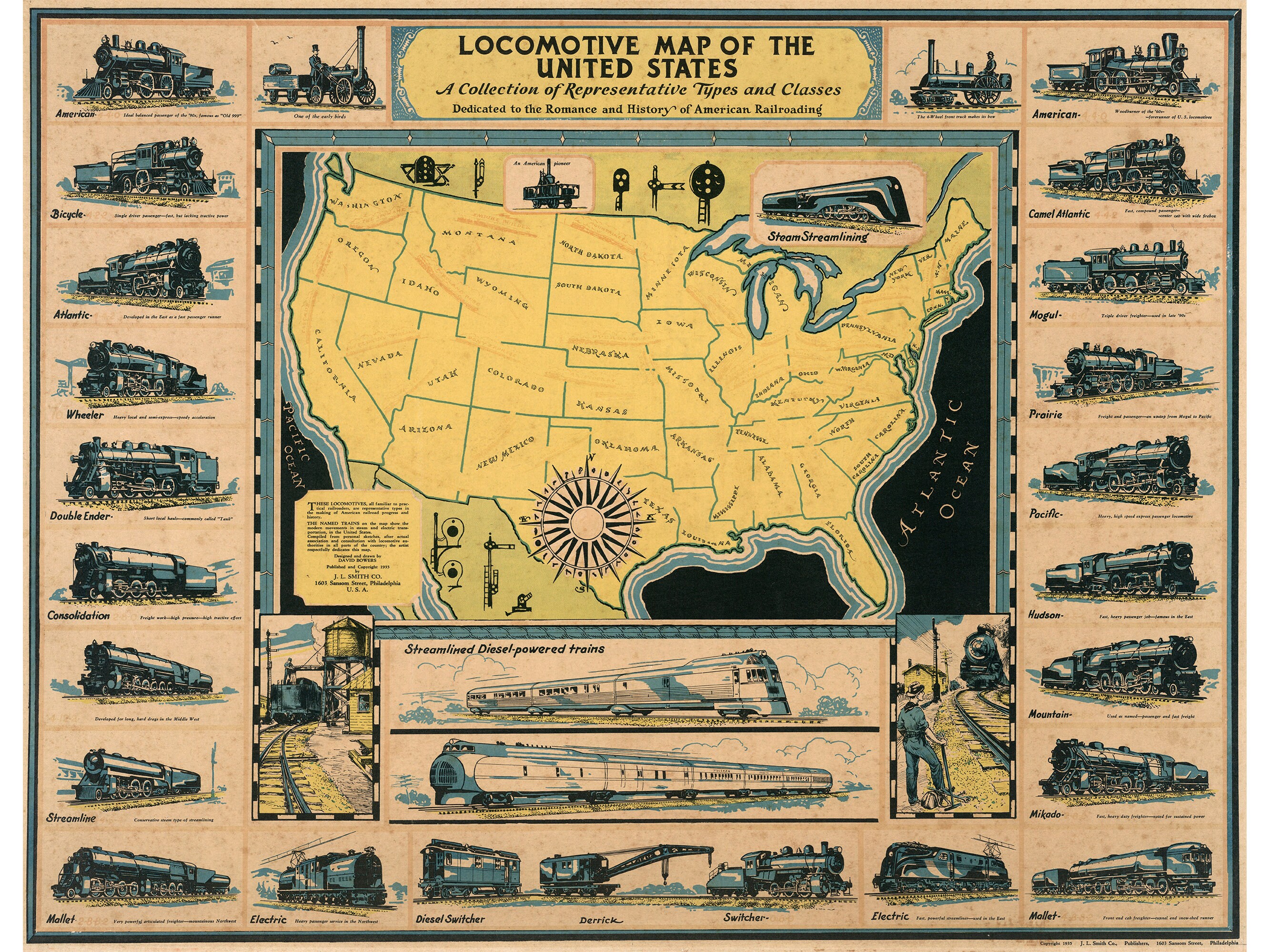 Vintage Locomotive Map of the United States 1935 Train Types Classes ...