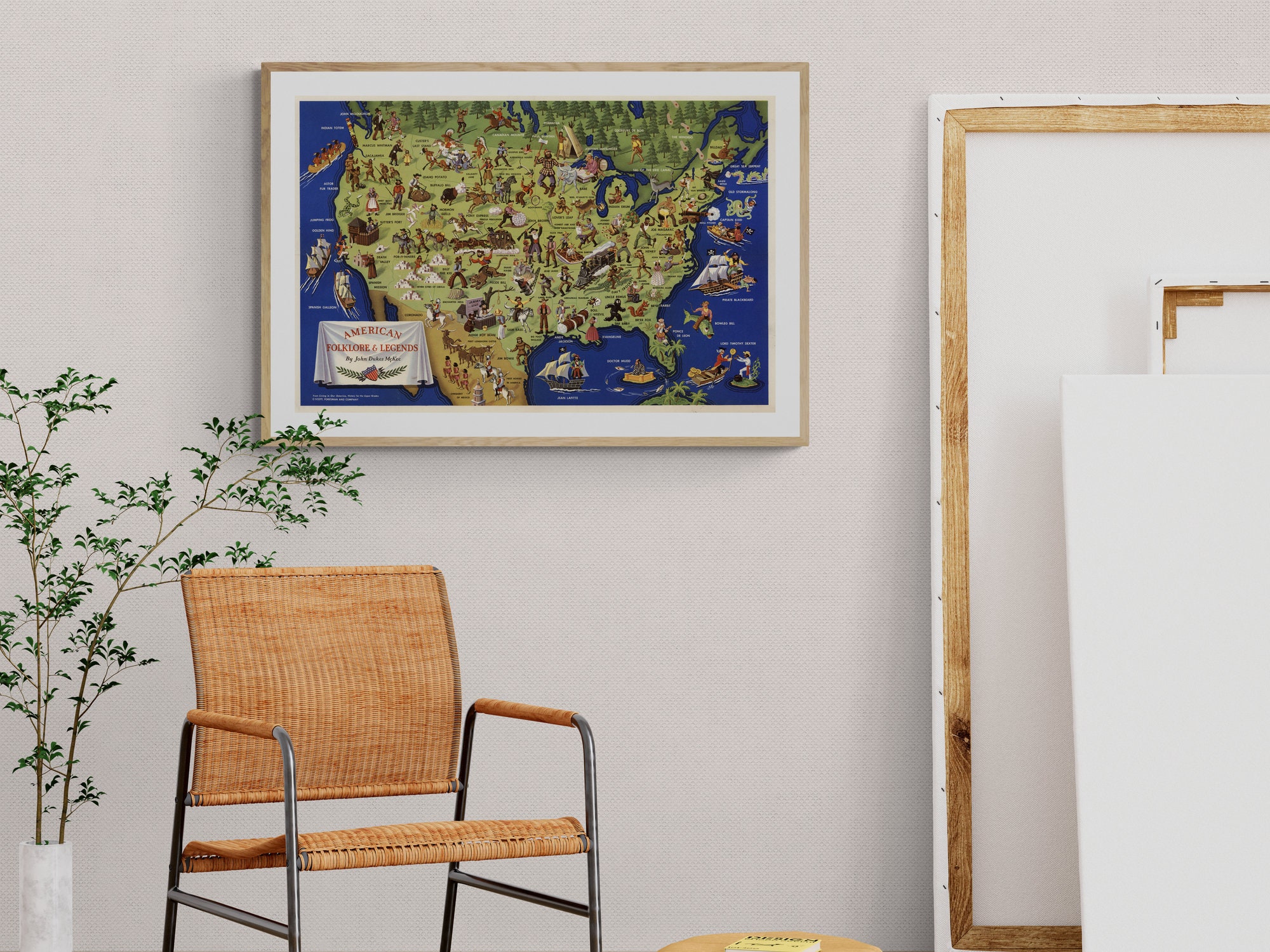 Vintage Map American Folklore and Legends USA History Illustrated Local ...