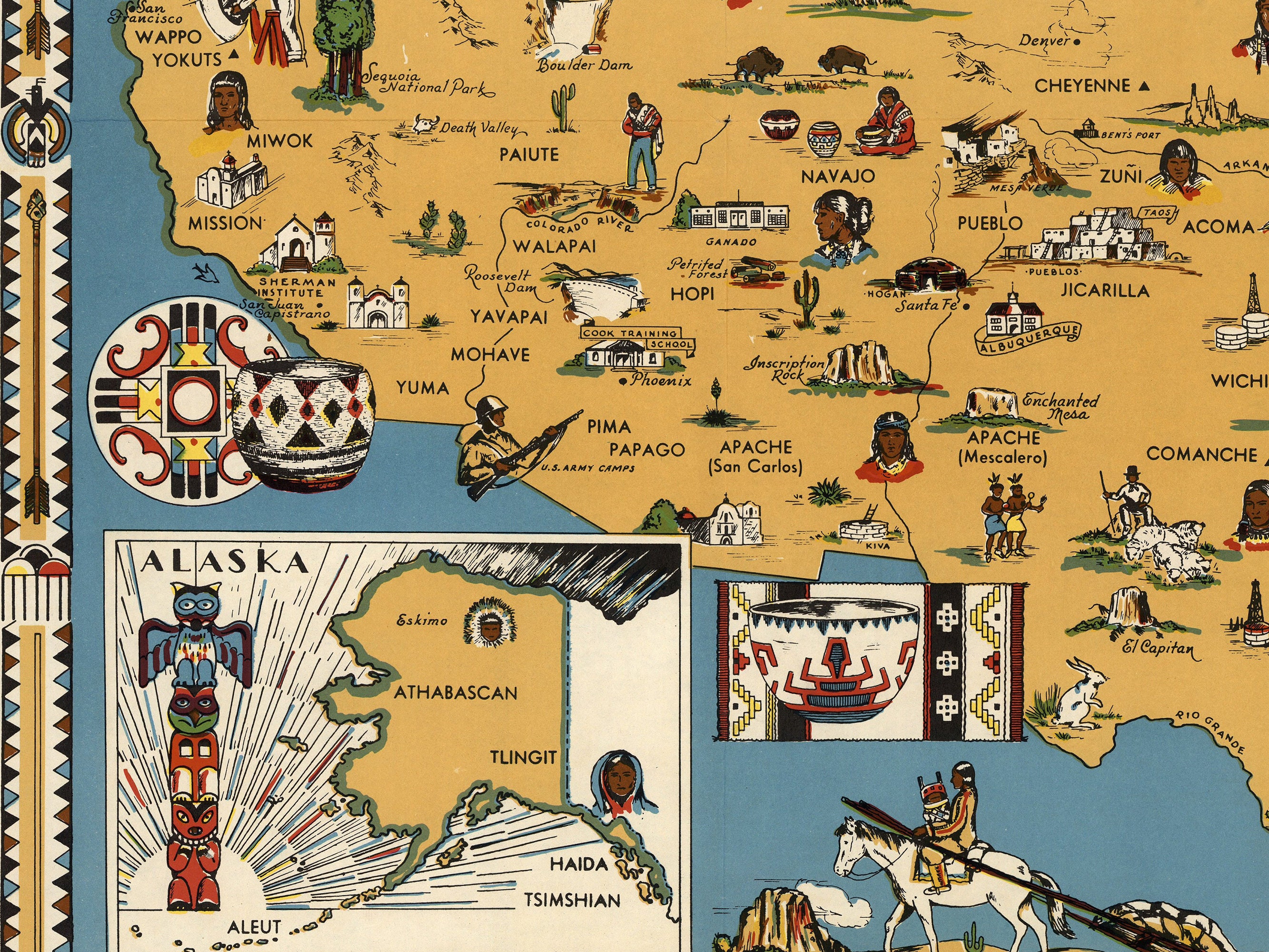 1944 Native American Historical Map Print: Vintage Americana Wall Art ...
