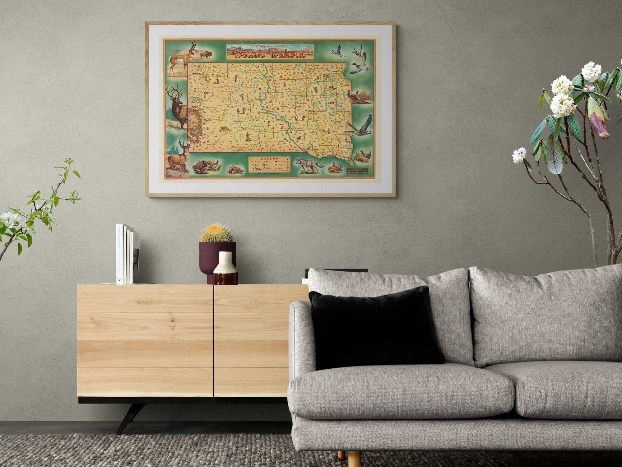 A Hunters Map of South Dakota Vintage Map 1946 USA Hunting Americana ...