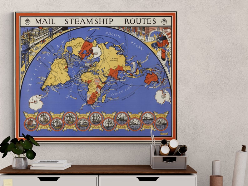 Vintage 1937 Steamship Routes World Map: Retro English Postal Art Print ...