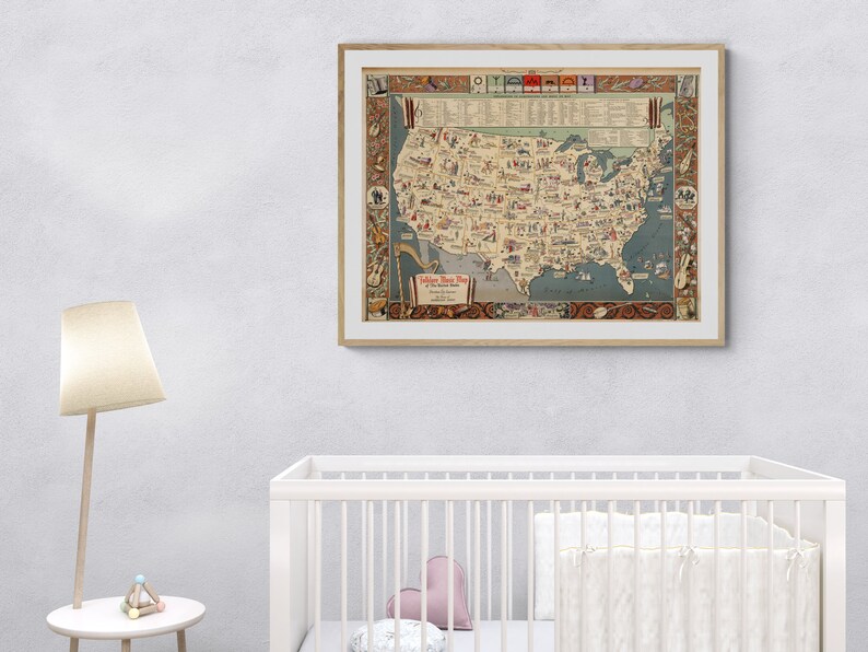 Old Pictorial Folklore Music Map of the United States 1946 American ...