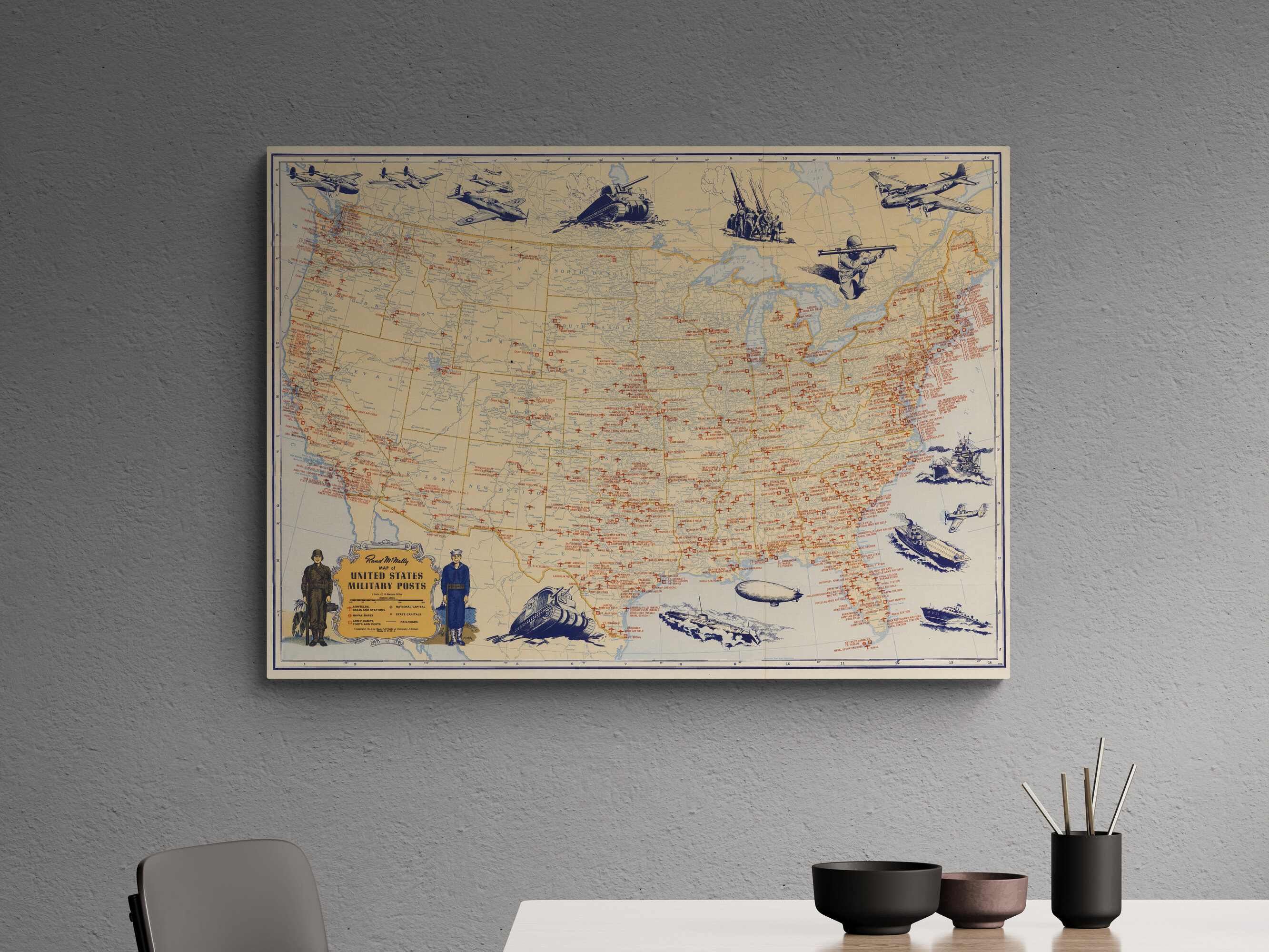 Vintage WW2 Map of United States Military Posts and Bases 1944 USA Army ...