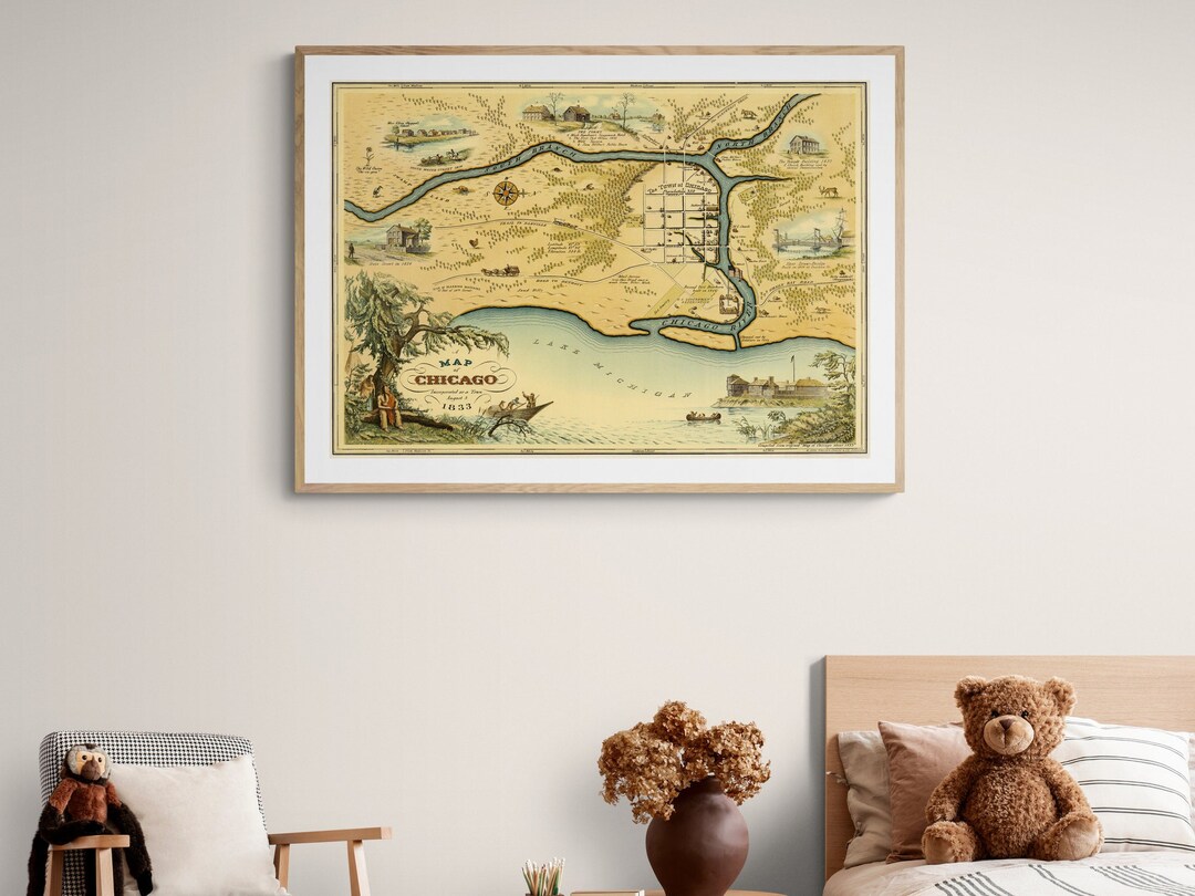 Vintage Pictorial Map of Chicago 1833 Illustrated American History Lake ...