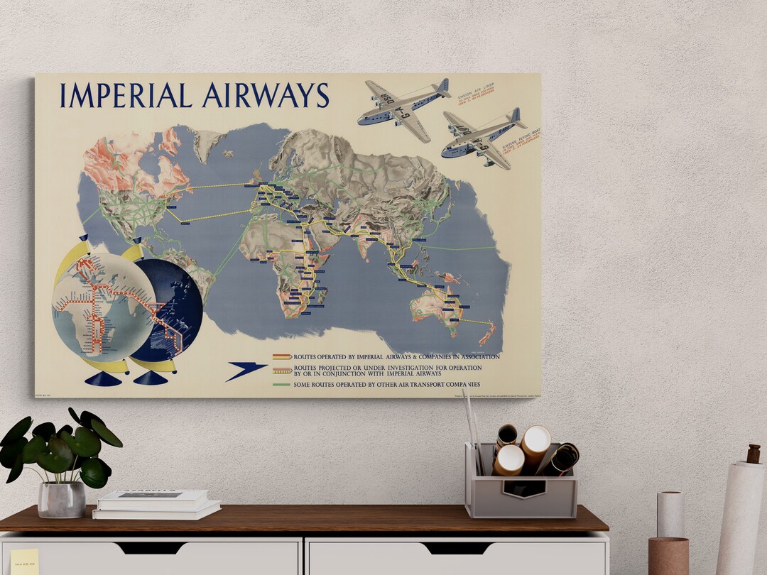 Imperial Airways Map of the World Vintage Aviation 1937 Old Map Antique ...
