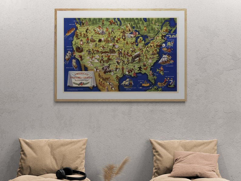 Vintage Map American Folklore and Legends USA History Illustrated Local ...
