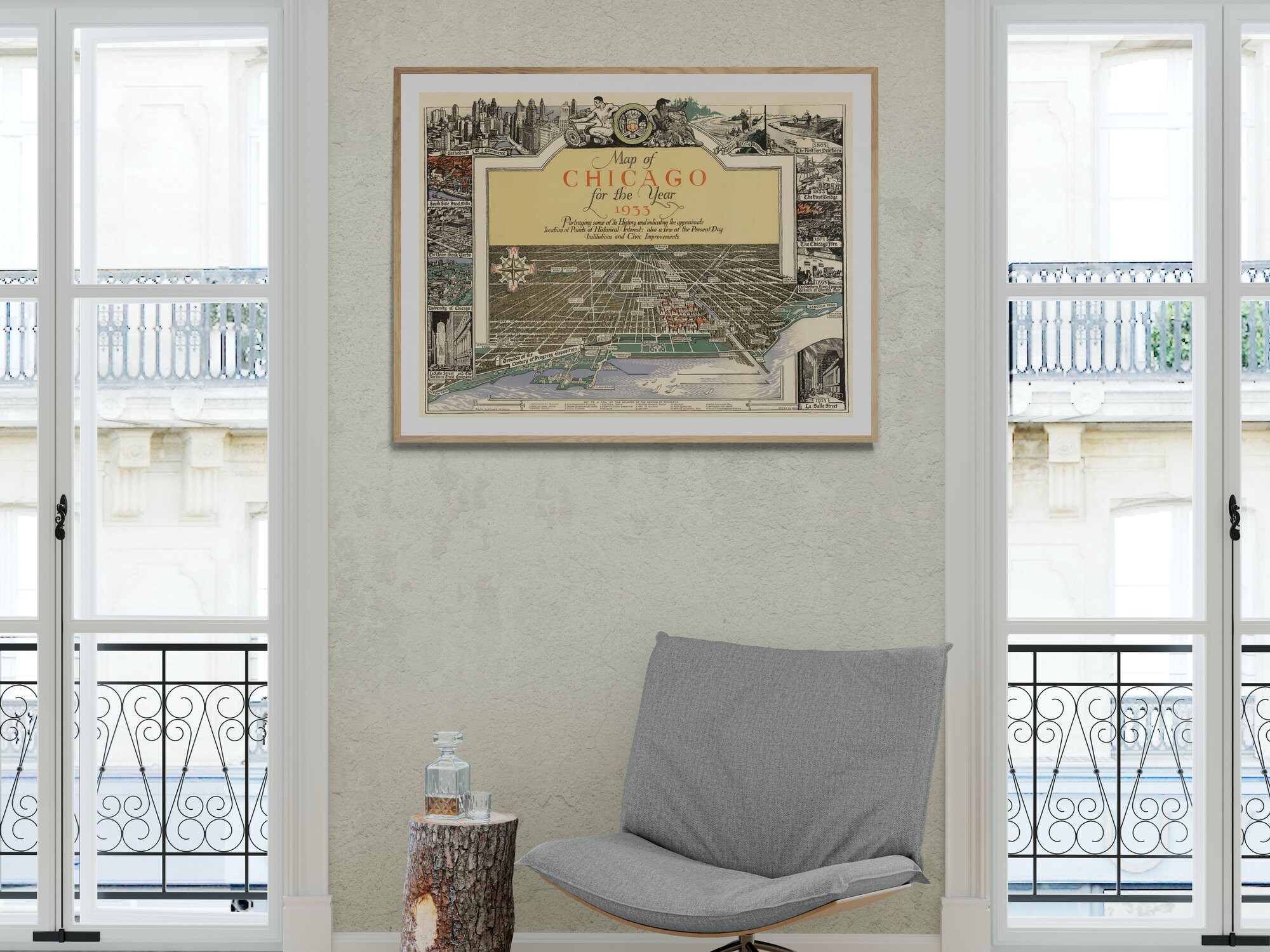 Vintage Map of Chicago 1933 American History Pictorial Birdseye ...