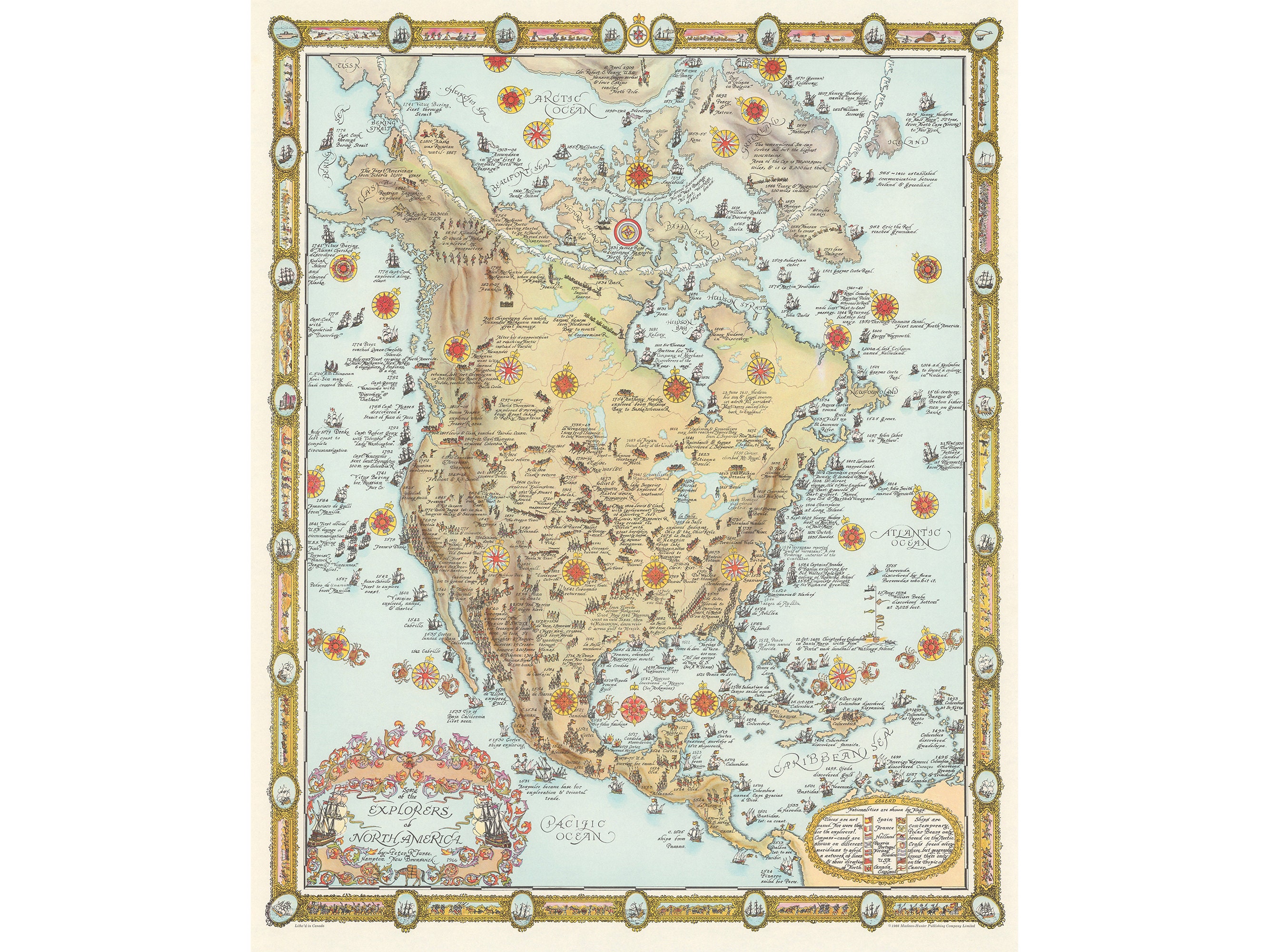 Vintage Map Explorers of North America Old Classroom Map Antique ...