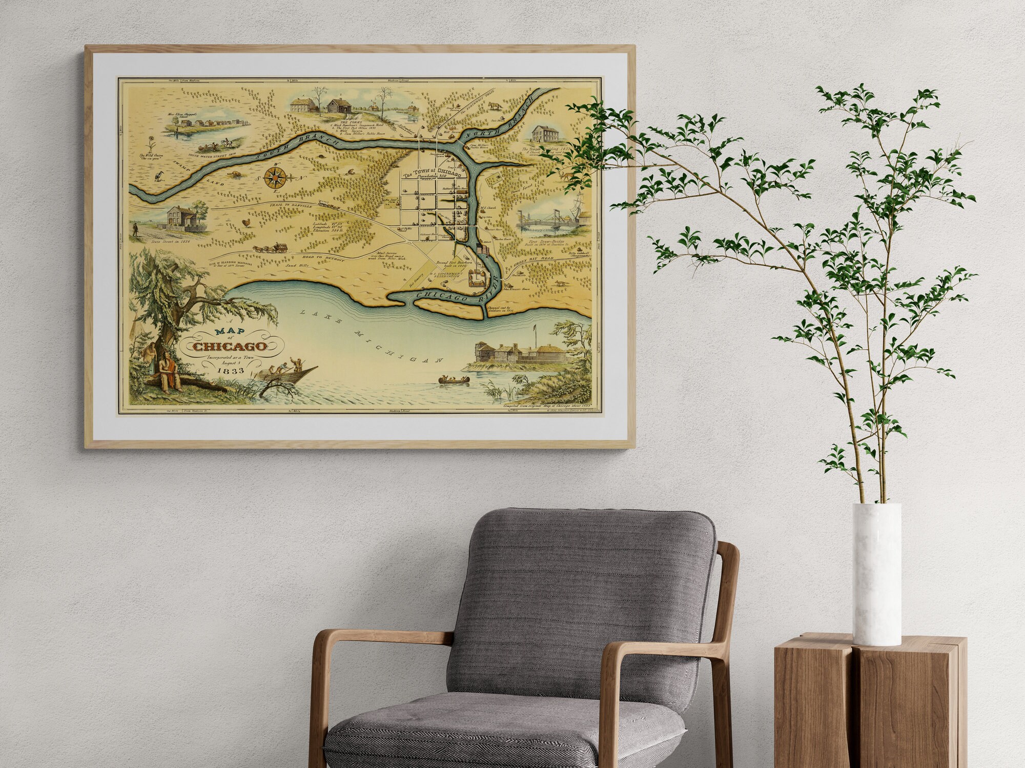 Vintage Pictorial Map of Chicago 1833 Illustrated American History Lake ...