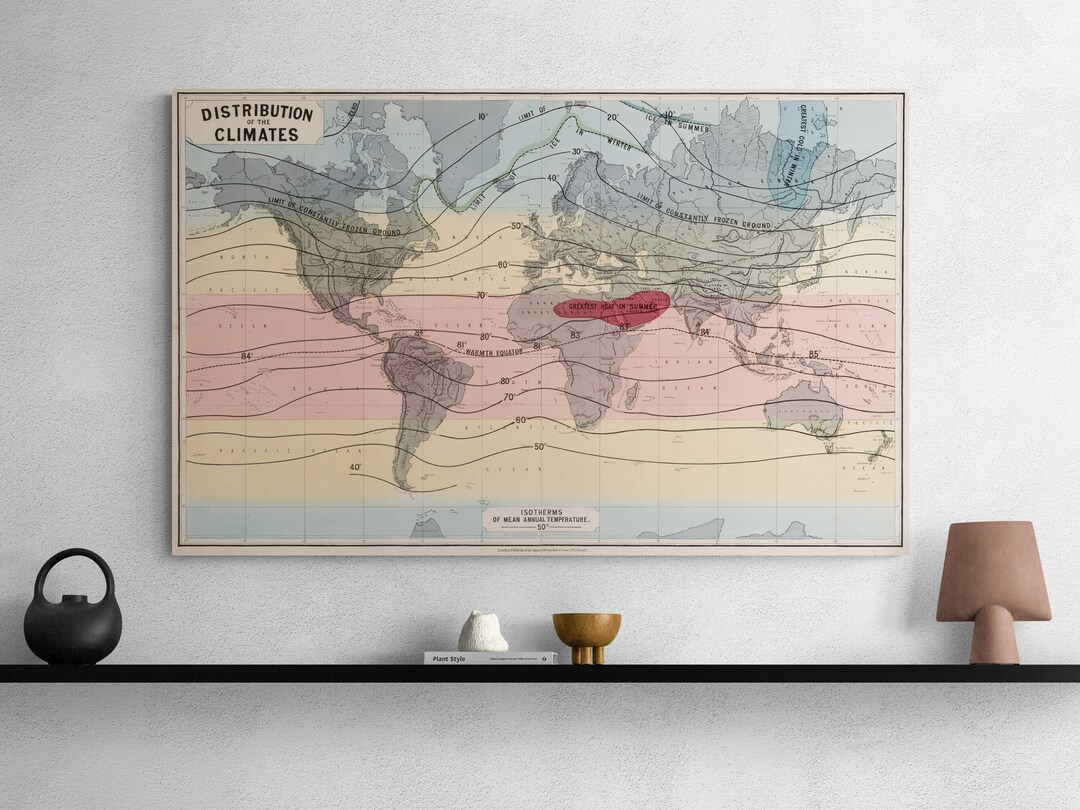 Vintage Map Distribution of the Climates 1862 Old World Map Antique ...