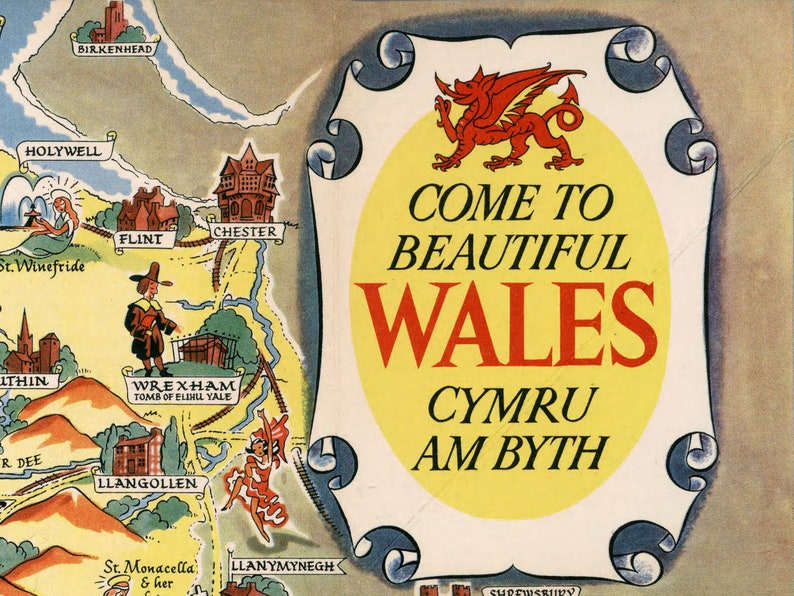 Old Wales Map Come to Beautiful Wales Cymru Am Byth 1953 Antique Illustrated Print Poster ...