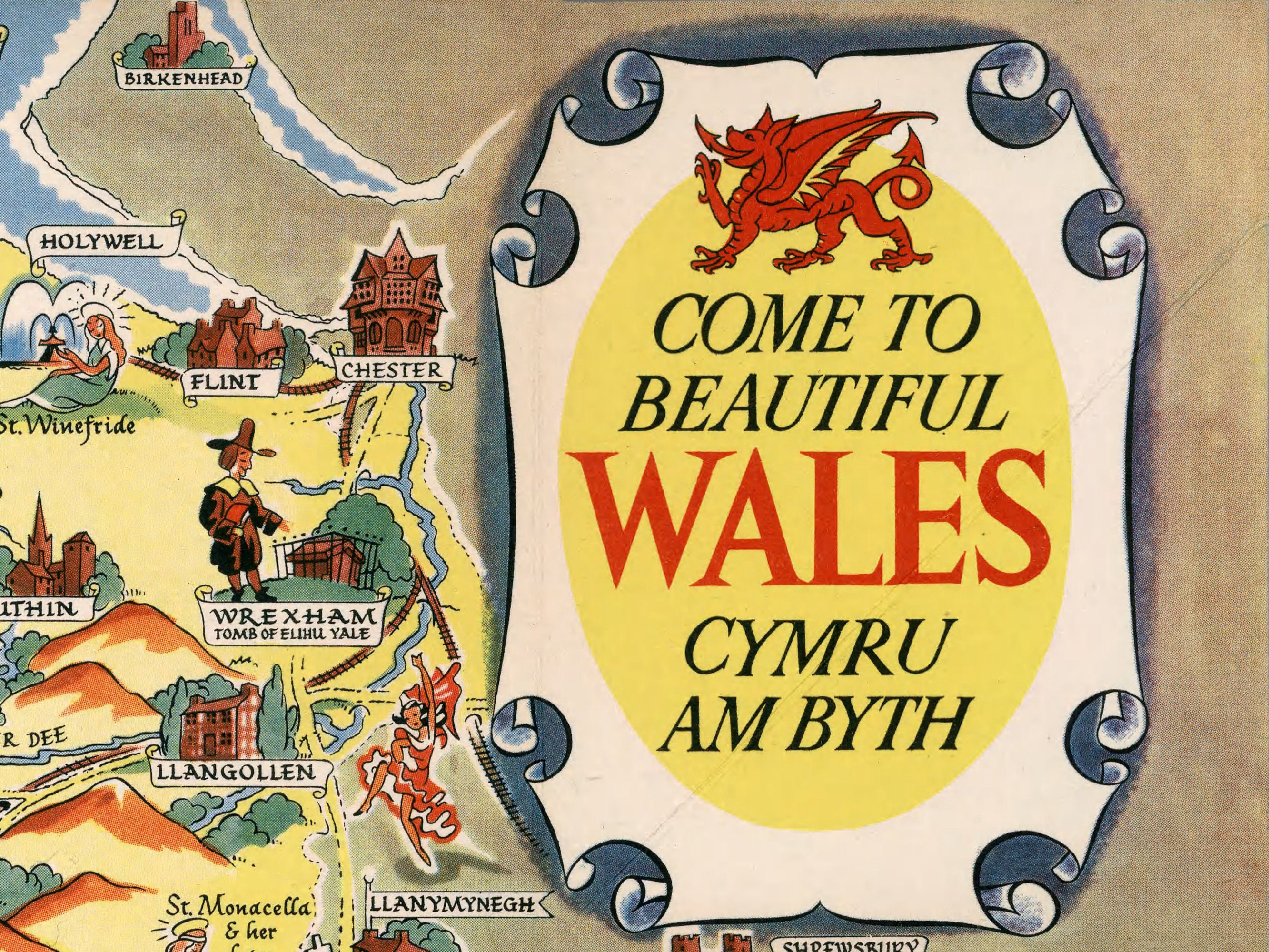 Old Wales Map Come to Beautiful Wales Cymru Am Byth 1953 Antique Illustrated Print Poster ...
