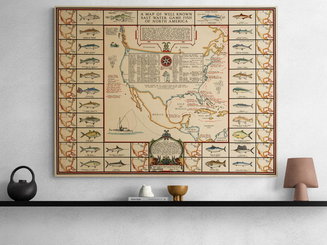 Vintage 1936 Saltwater Fish Map Poster: Retro USA Wall Art - Etsy