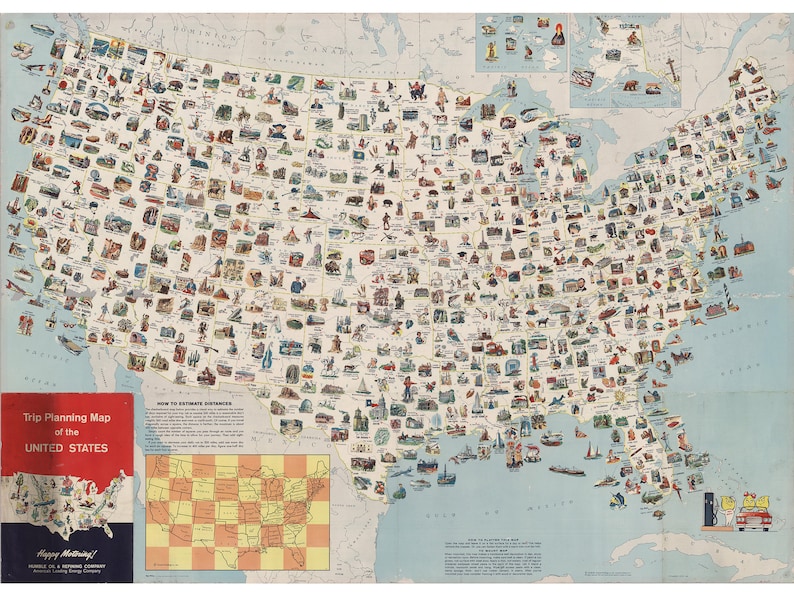 Retro 1962 USA Road Trip Map: Vintage Americana Illustrated Print ...