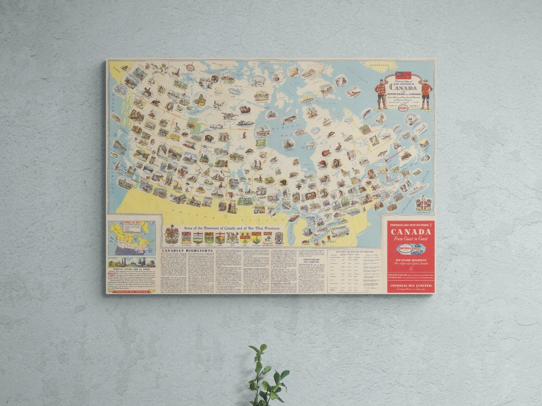 Retro Pictorial Map of the Dominion of Canada 1946 Old Newfoundland Map ...