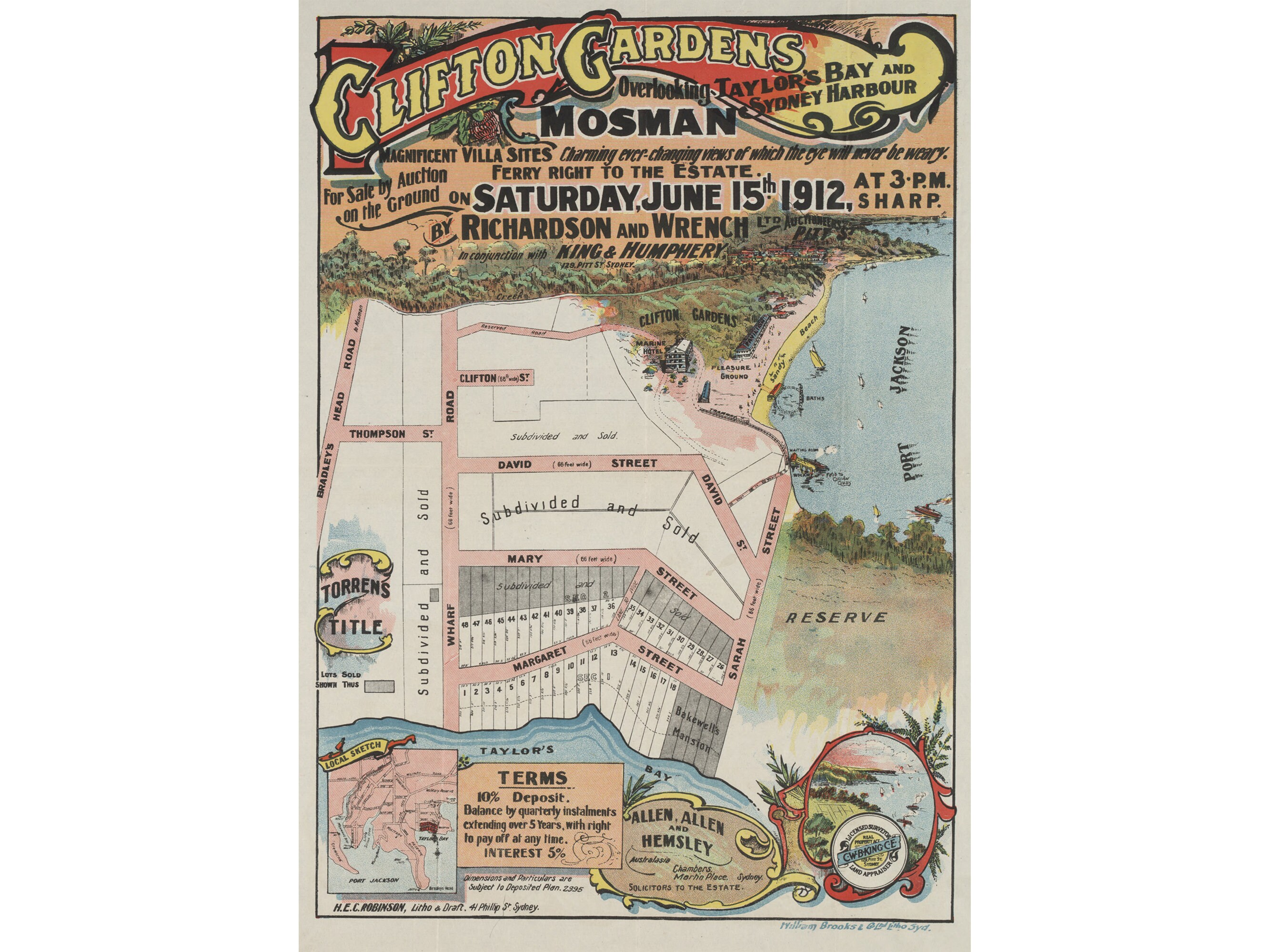 Vintage Map Mosman Sydney 1912 Estate Map 1912 Clifton Gardens Taylors ...