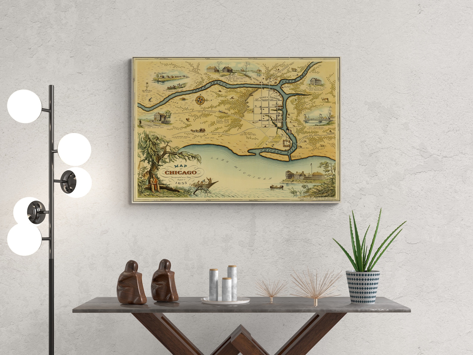 Vintage Pictorial Map of Chicago 1833 Illustrated American History Lake ...