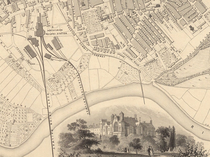 Preston Map 1851: Vintage English History Print, River Ribble Wall Art ...