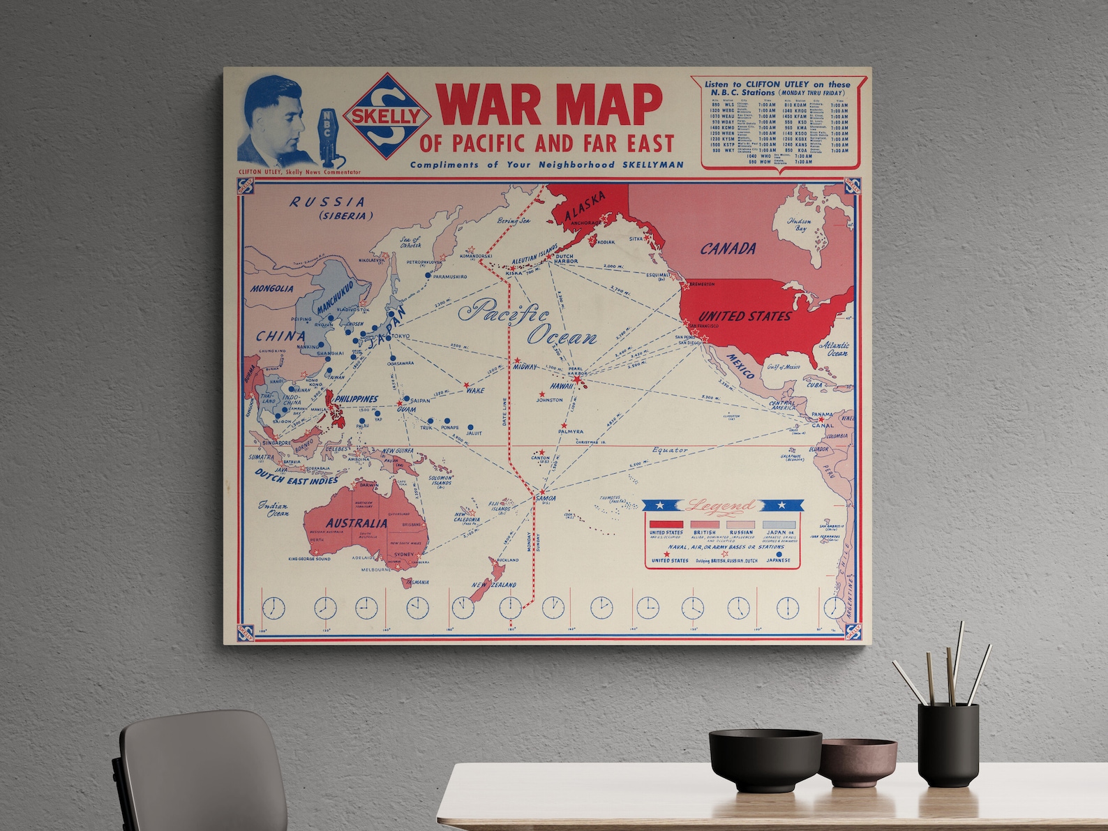 Vintage War Map Print: Pacific & Far East, 1944 Skellyman Illustration ...