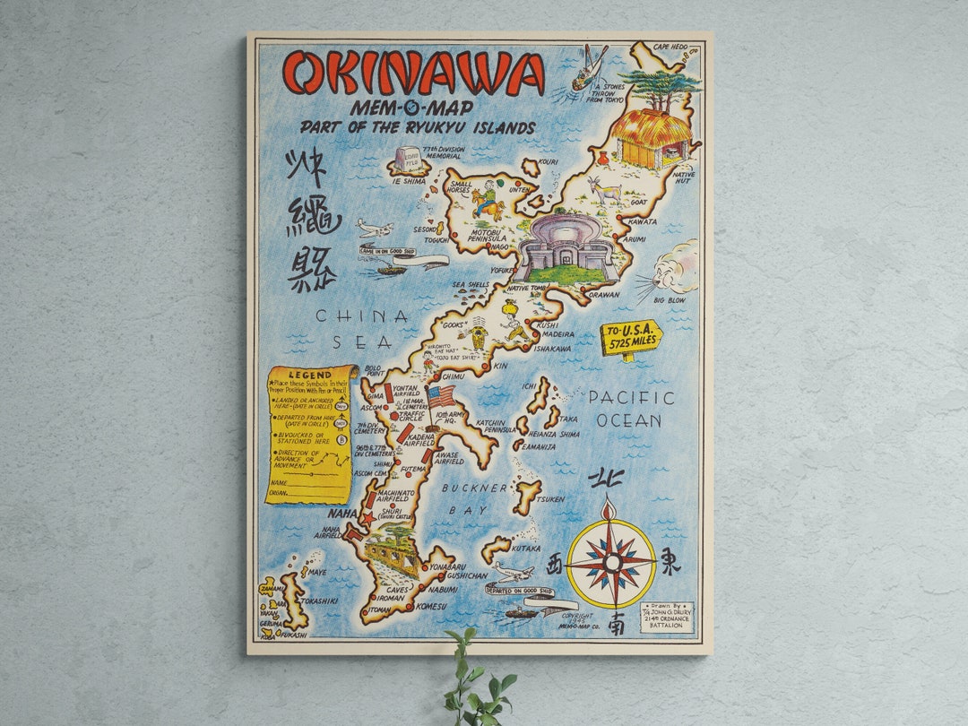 Retro Illustrated Okinawa Map 1945 Old Pictorial Map Antique Print Mem ...