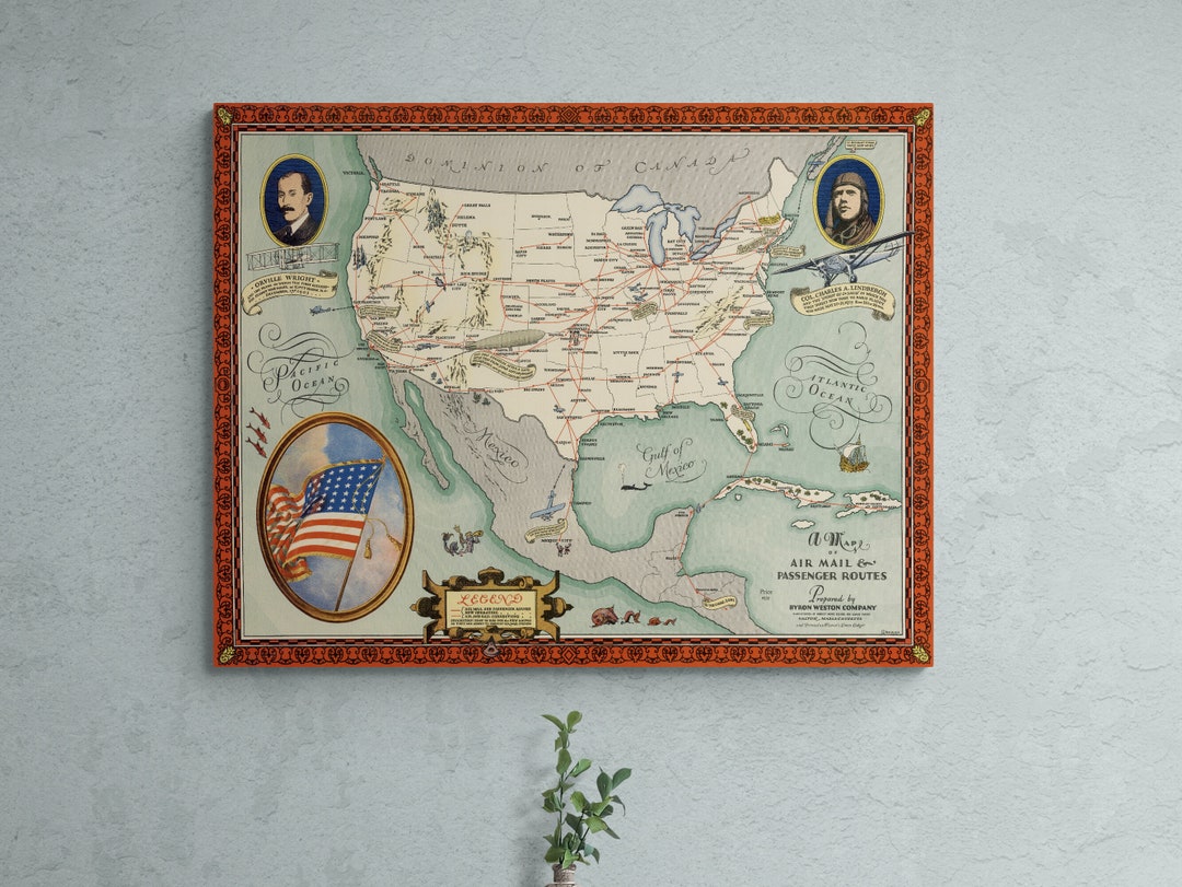Vintage Map Air Mail Passenger Routes USA 1930 American History Old Map ...