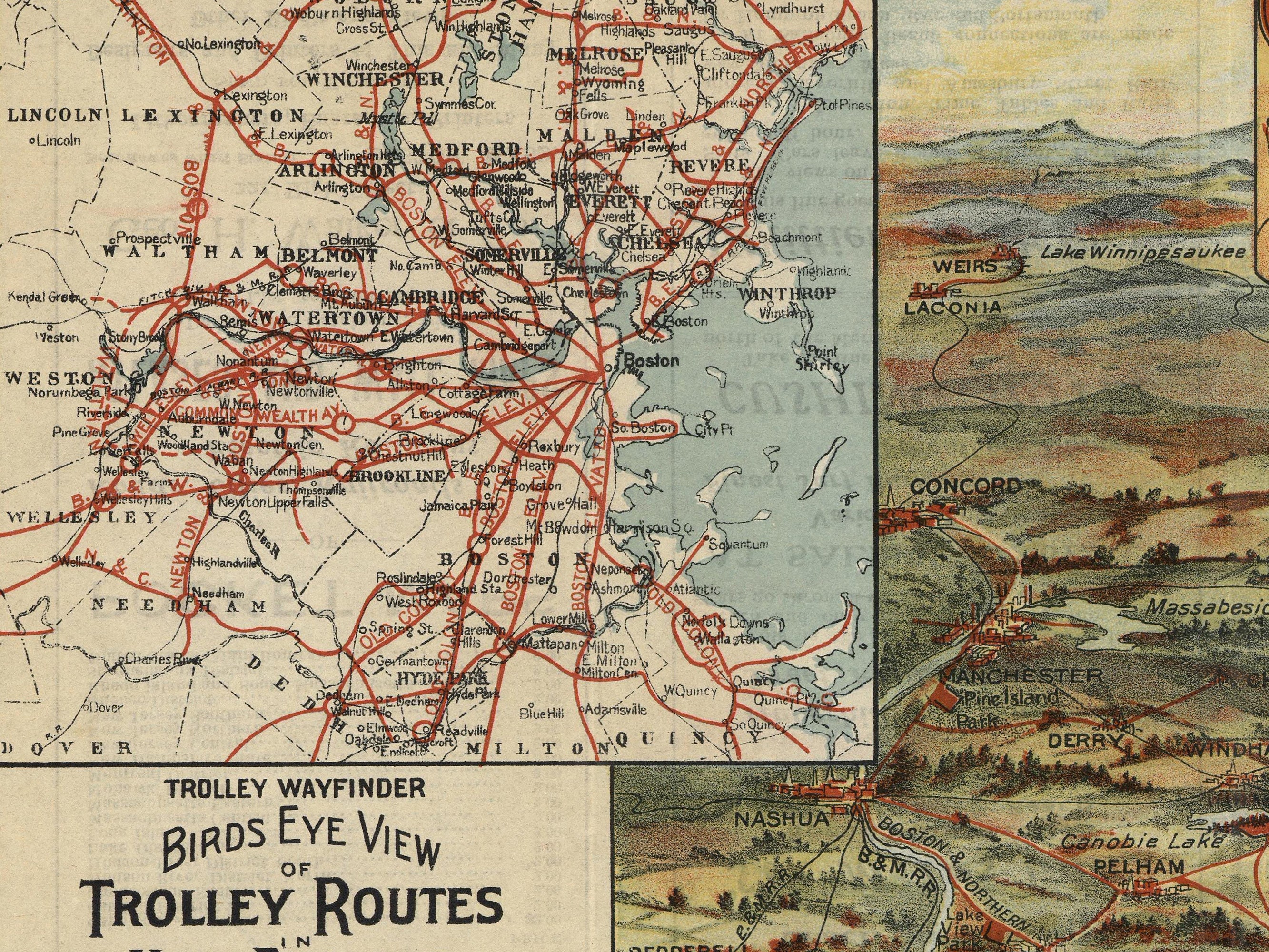 Vintage Map of Trolley Routes of New England 1907 Old Massachusetts Map ...