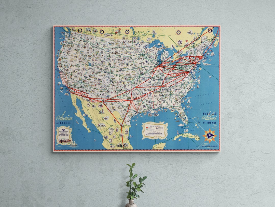 Vintage American Airlines System Map 1946 Old USA Transport Map Antique ...